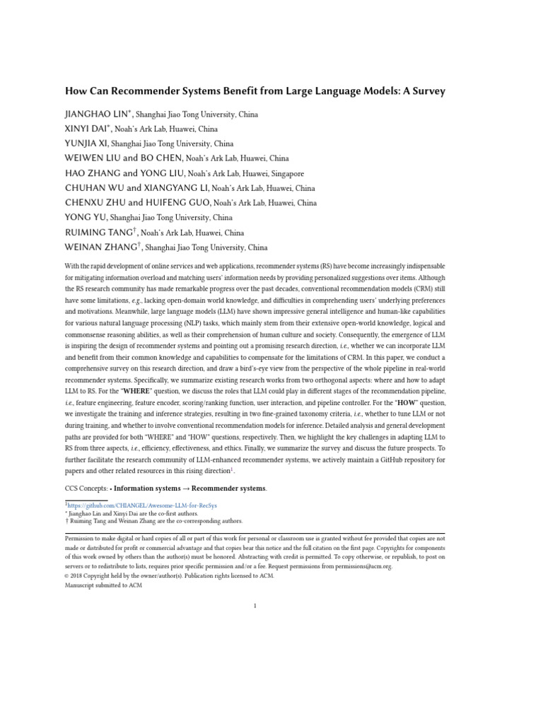 How Can Recommender Systems Benefit From Large Language Models: A Survey | PDF | Cognitive ...