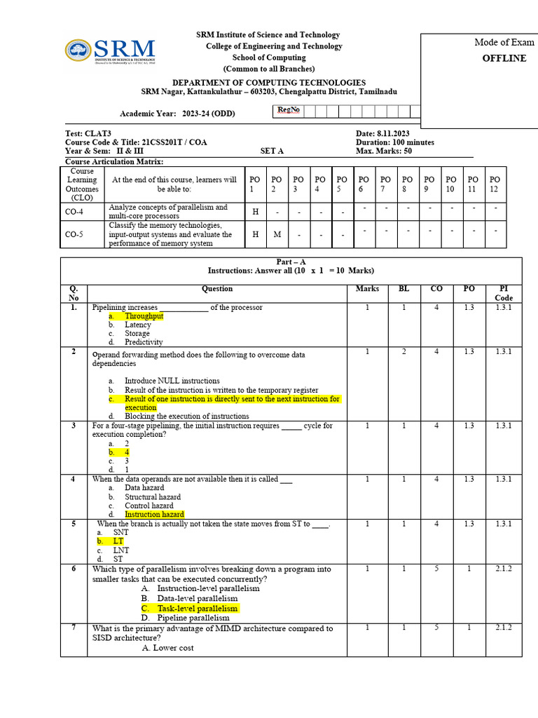 Coa Ct3 Set A Answer Key Pdf Multi Core Processor Central Processing Unit
