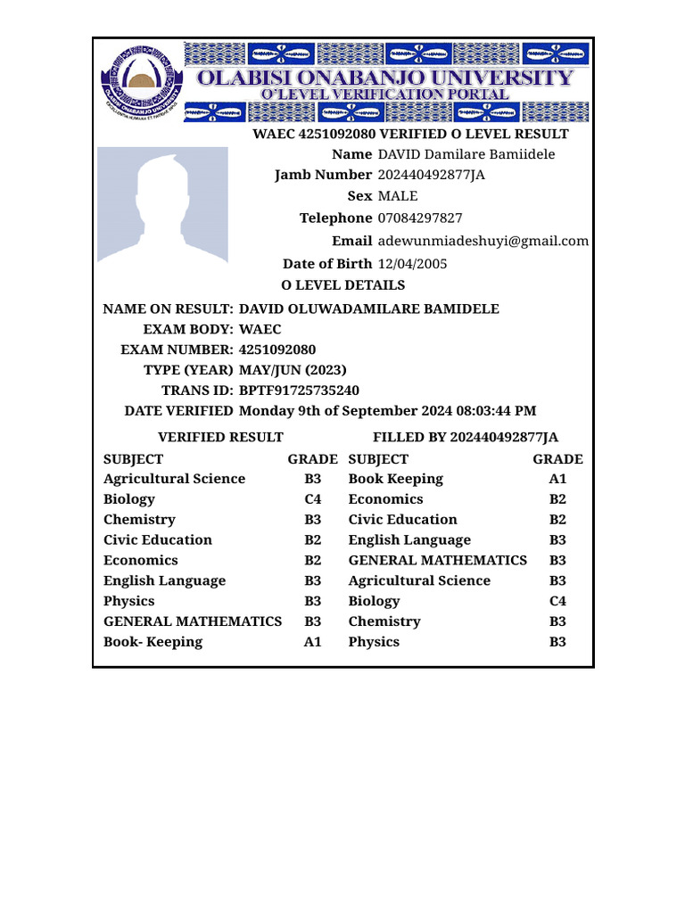 Waec 4251092080 Verified o Level Result | PDF