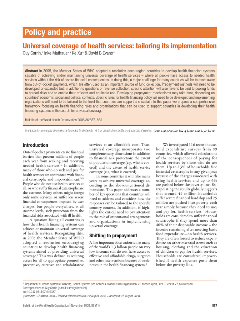 2008 Universal Coverage Of Health Services Tailoring Its