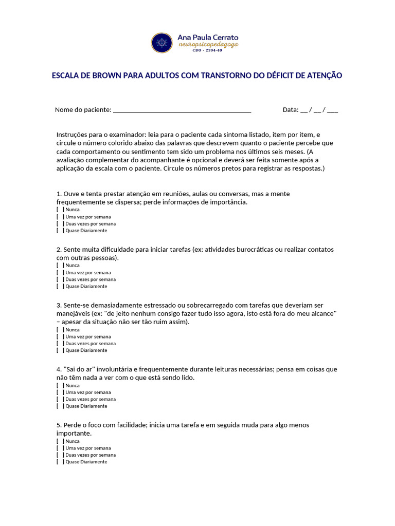 Escala de Brown para TDAH em Adultos | PDF | Transtorno de déficit de ...