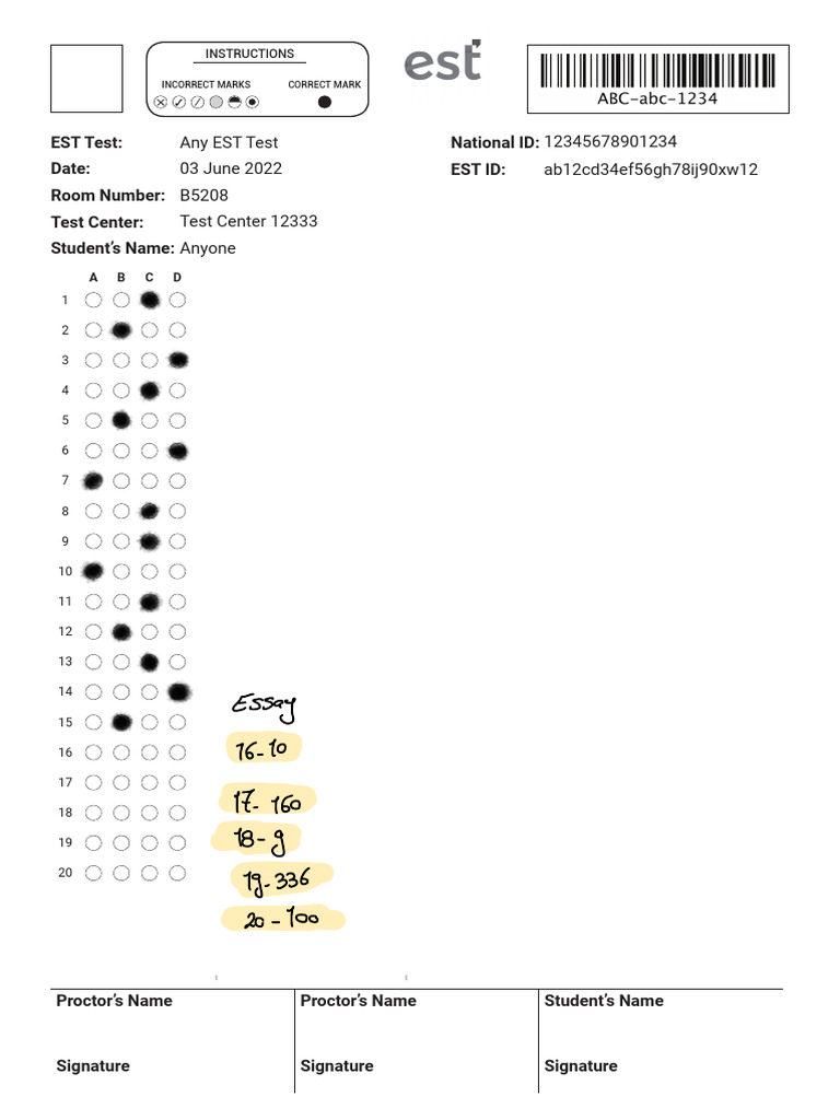 EST - Bubble Sheet - Math No Calc PDF | PDF