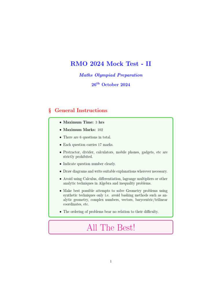 RMO 2024 Mock Test - II | PDF | Mathematics | Algebra