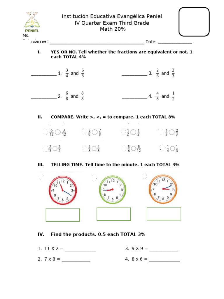 Third Grade Math Exam: Fractions & Time | PDF
