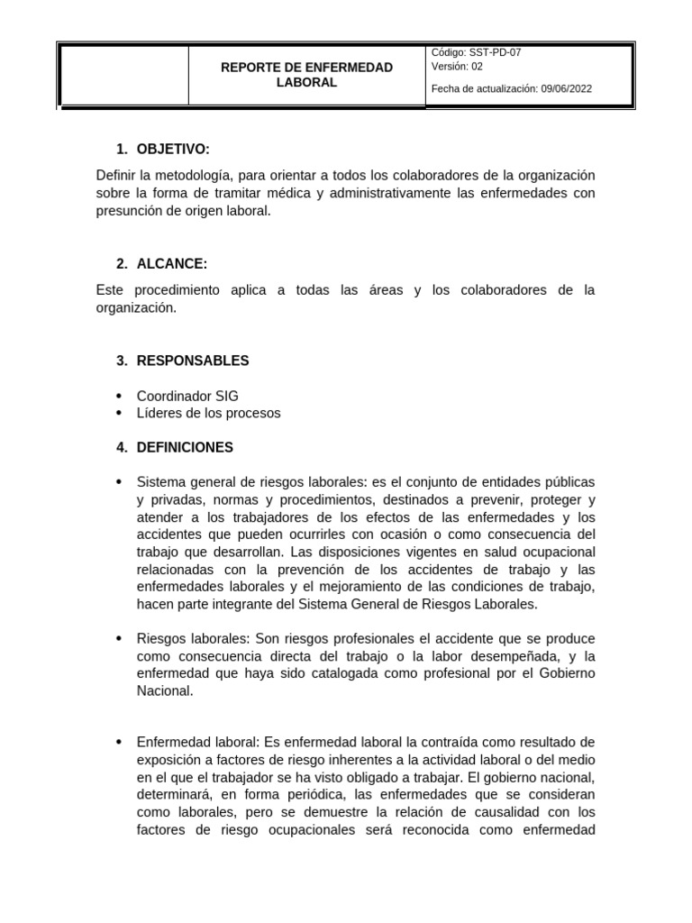 SST-PD-07 Procedimiento Reporte Enfermedad Laboral | PDF | Derecho laboral