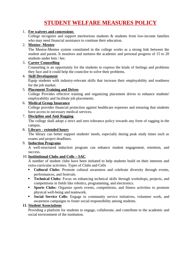 Student Welfare Measures Policy Document New | PDF | Mentorship