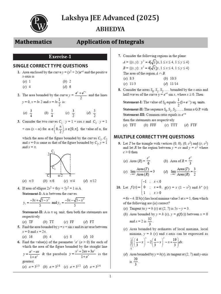Application of Integrals JEE Advanced Practice Sheet | PDF | Tangent | Mathematics