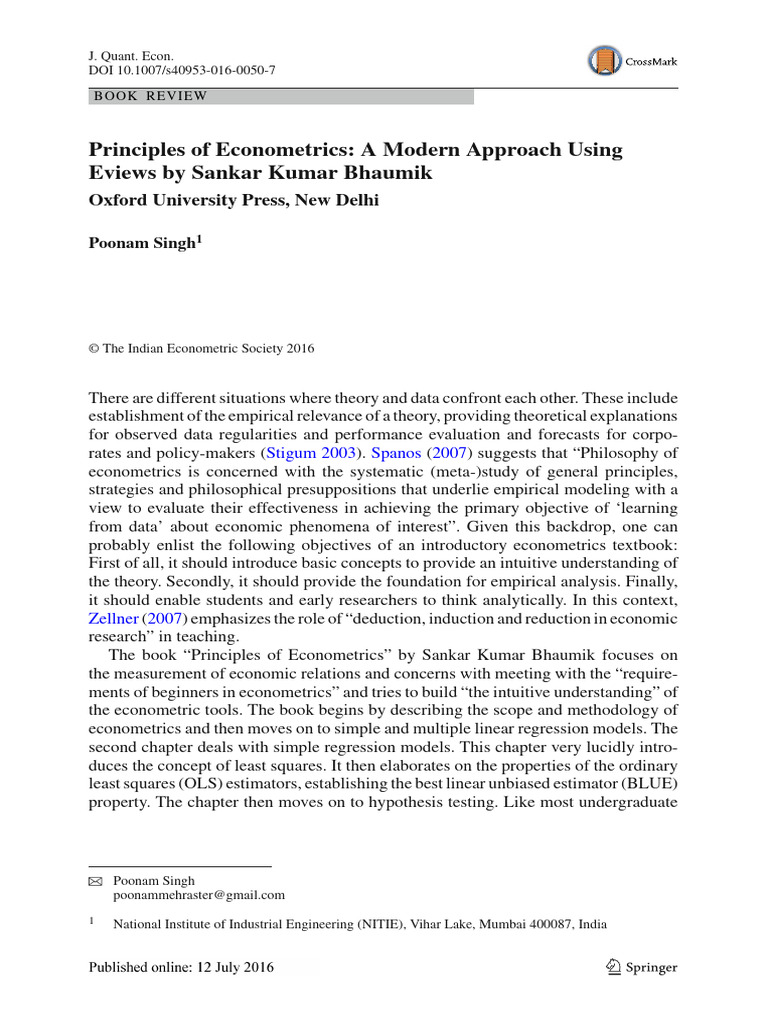 Principles of Econometrics: A Modern Approach Using Eviews by Sankar Kumar Bhaumik | PDF ...
