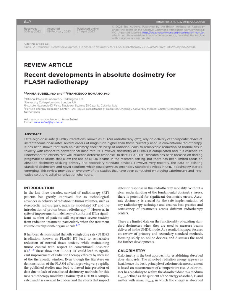 FLASH RT Dosimetry - 2023 | PDF | Dosimetry | Radiation Therapy
