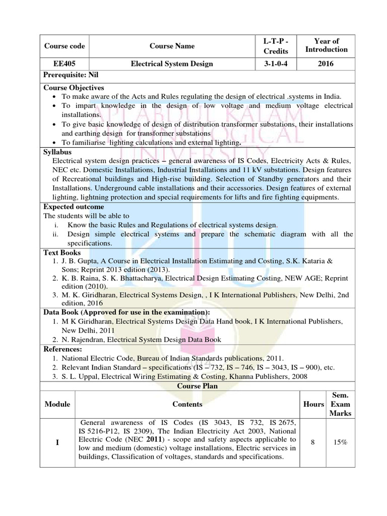 Electrical System Design Course Syllabus | PDF | Electric Power Distribution | Electrical Substation
