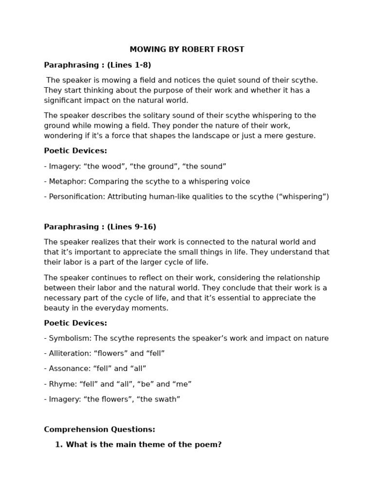 Mowing by Robert Frost | PDF | Poetry