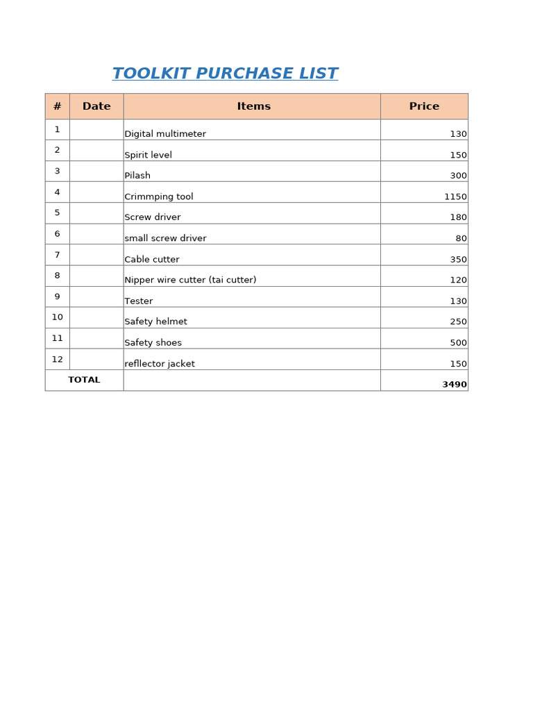 Essential Toolkit Purchase List | PDF