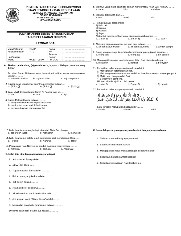 Soal Pai Kelas 2 Kumer | PDF