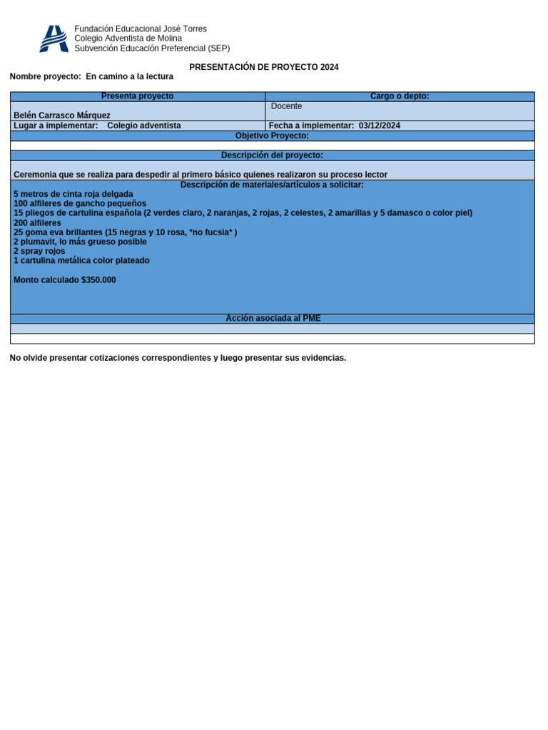 Proyecto en Camino A La Lectura | PDF