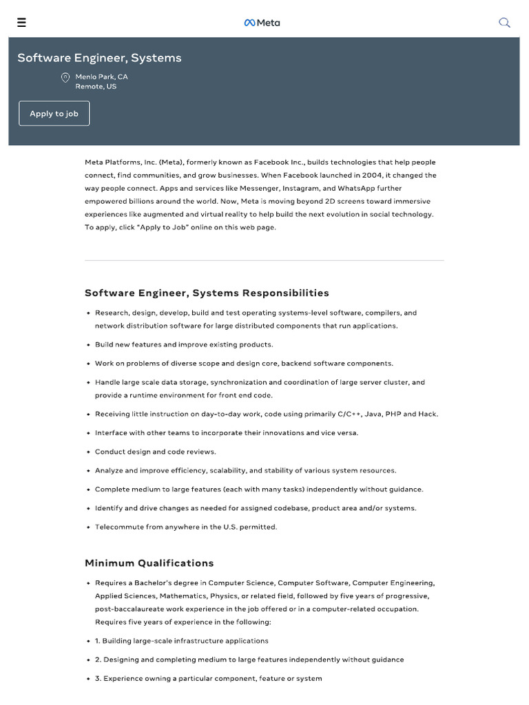 Software Engineer, Systems - Meta Careers | PDF