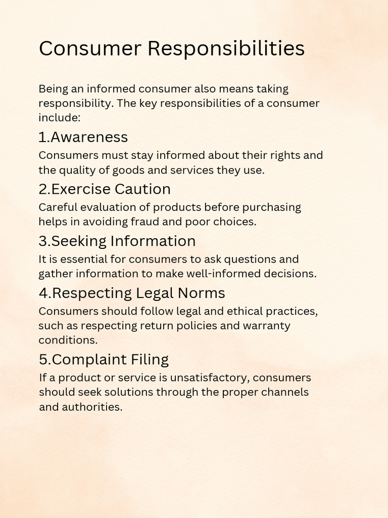 Consumer Responsibilities: 1.awareness 2.exercise Caution 3.seeking ...