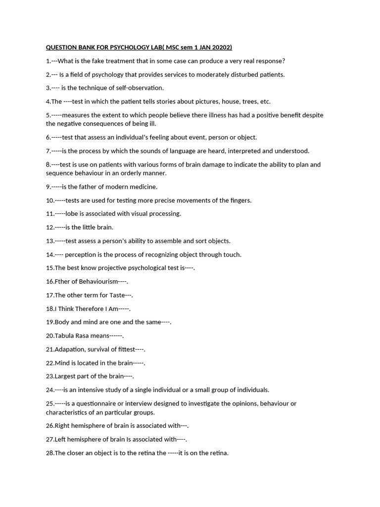 Question Bank For Psychology Lab | PDF | Psychology | Perception