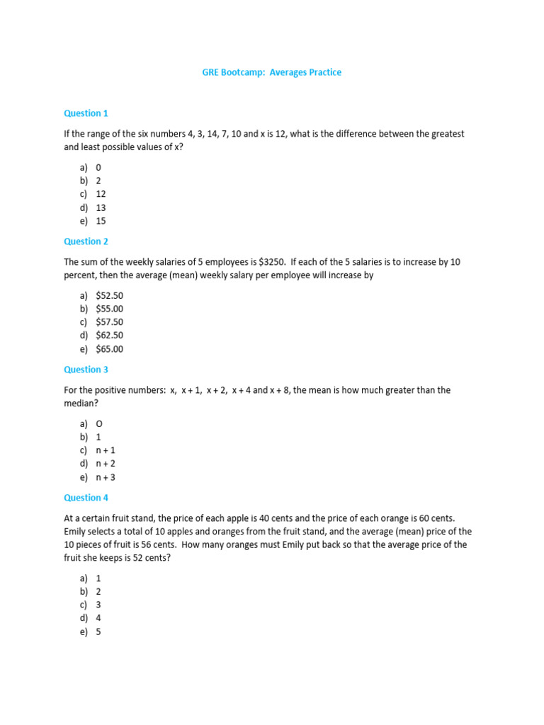 Averages Practice GRE Bootcamp | PDF | Mean | Average