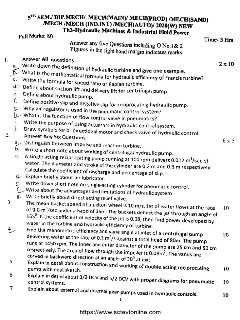 Mech 5 Sem Hydraulic Machines and Industrial Fluid Power Winter 2020 | PDF