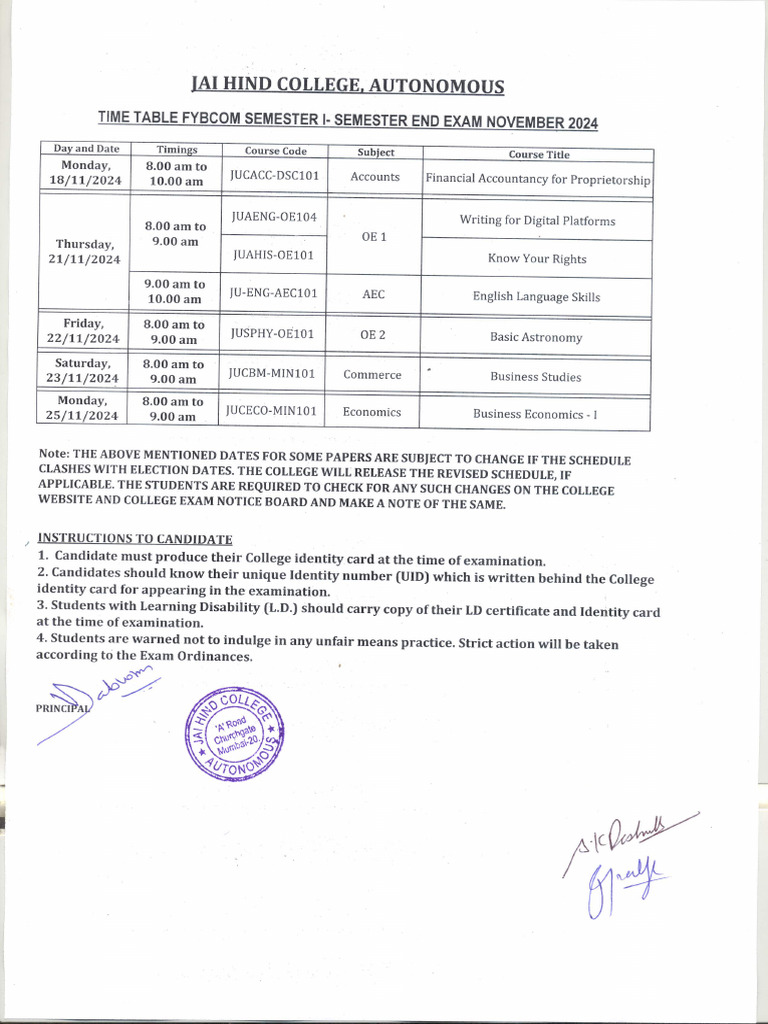 Fybcom Nep Sem I See Timetable Nov 2024 Revised | PDF