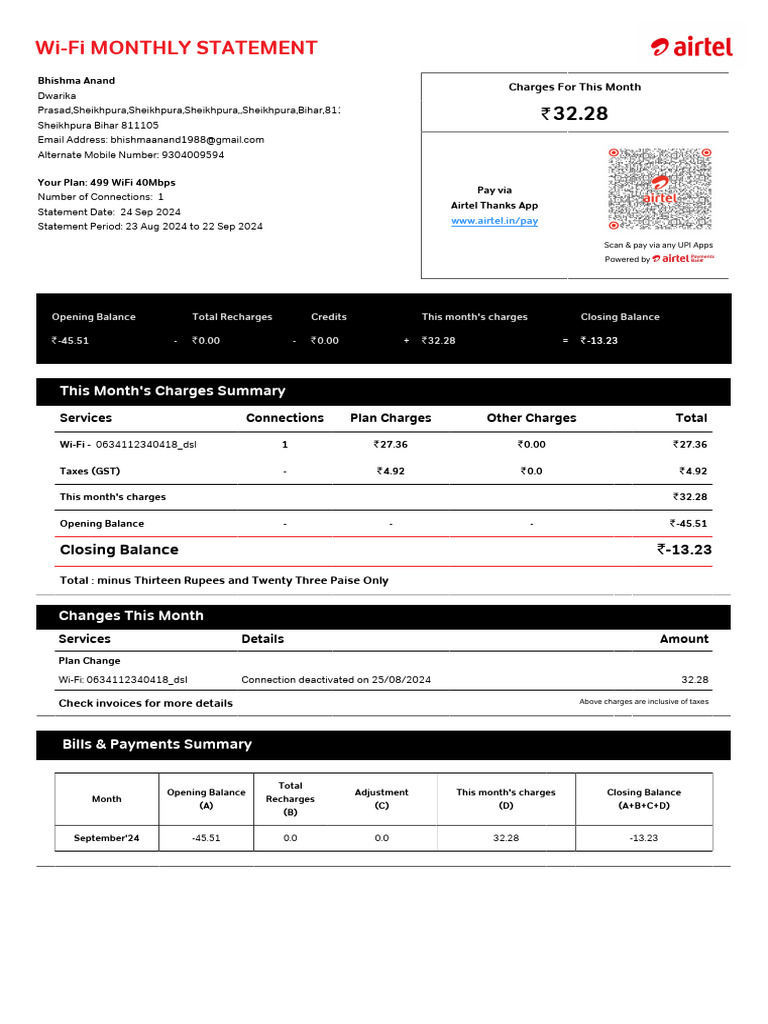 Wi-Fi Monthly Statement: This Month's Charges Summary | PDF | Payments ...