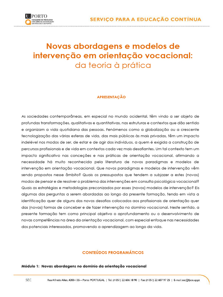 Conteudos Programaticos Novas Abordagens e Modelos de Intervencao em Orientacao Vocacional | PDF ...