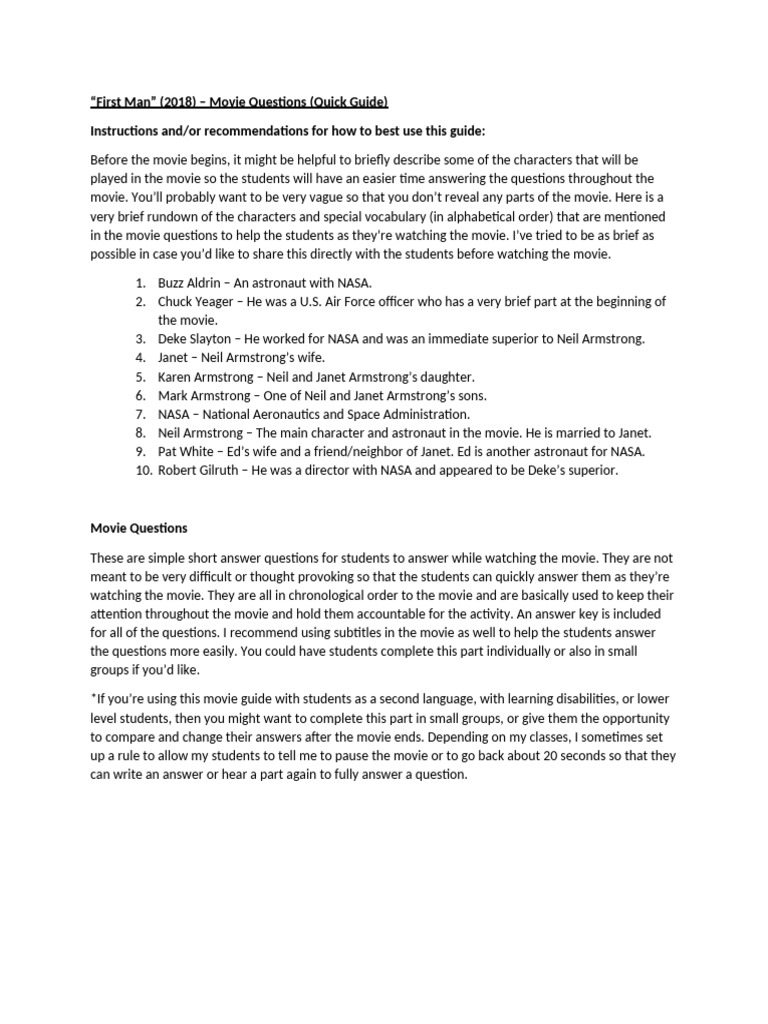 First Man - Instructions and Recommendations For Movie Guide (Quick ...