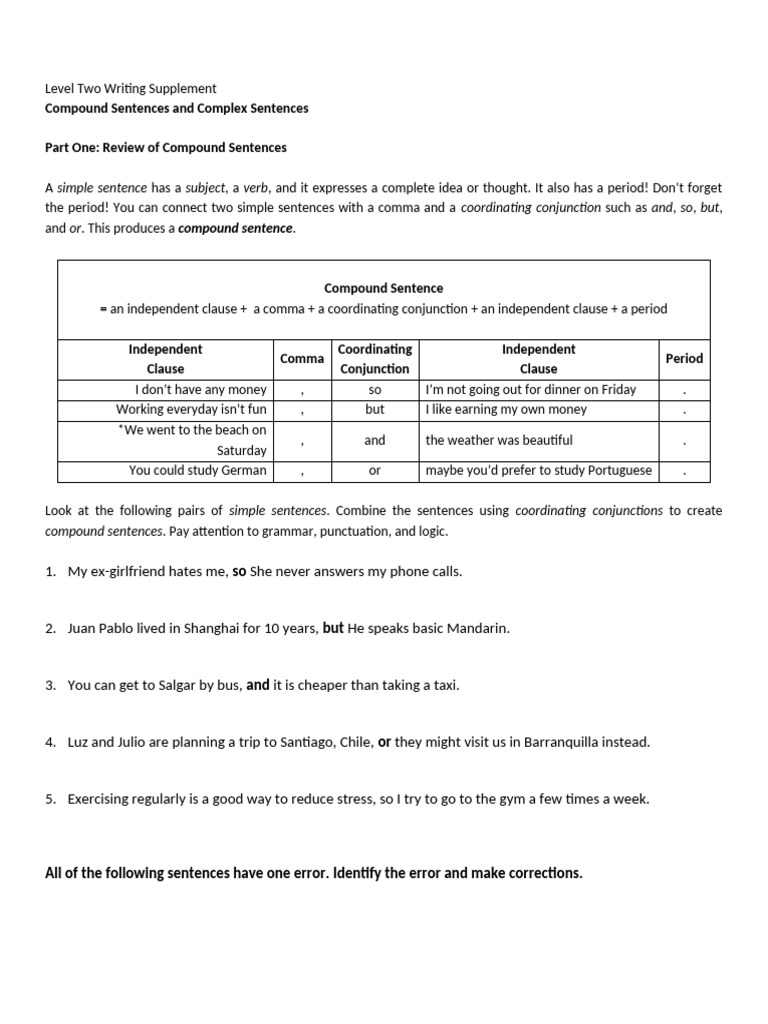 Compound Sentence: Simple Sentence Subject Verb Coordinating ...