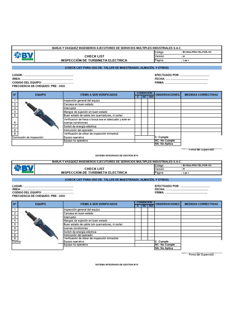 Bv-rau-sso-tel-For-151 Check List de Inspección de Turbineta Electrica ...