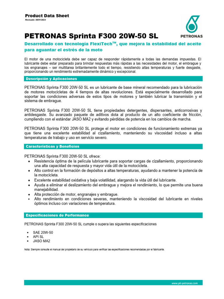 PETRONAS Sprinta F300 20W-50 SL | PDF | Lubricante | Embrague