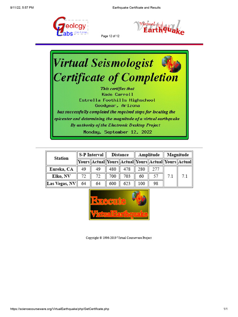 Earthquake Certificate and Results | PDF
