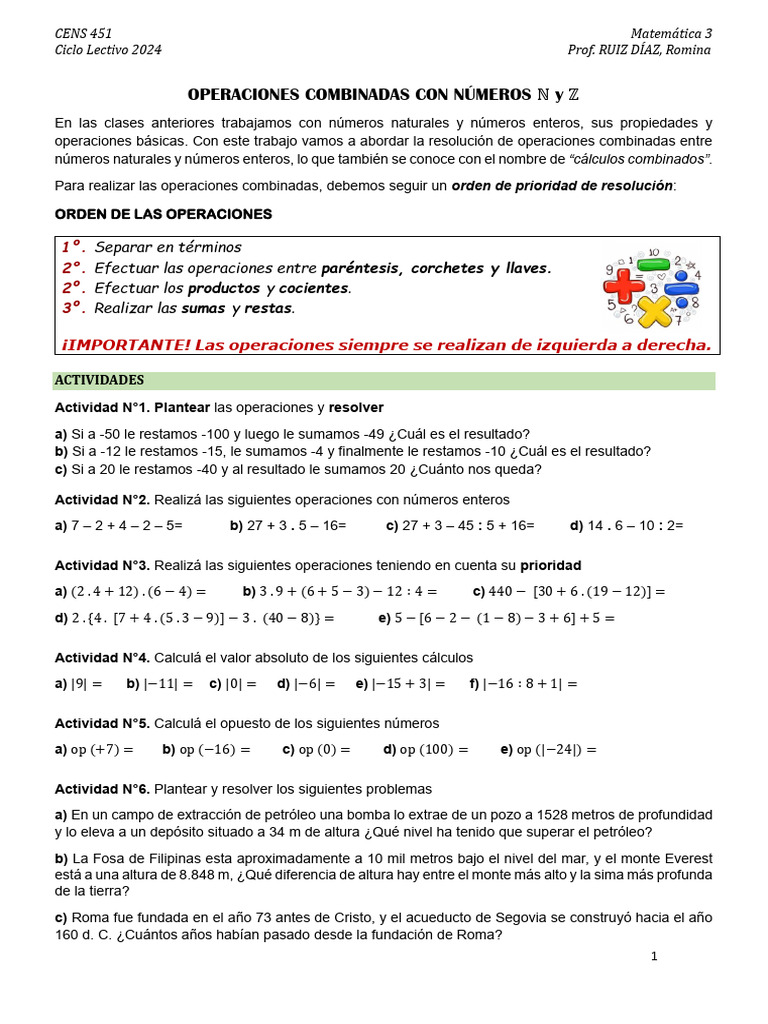 Operaciones Combinadas en Números Naturales y Enteros | PDF | Entero ...