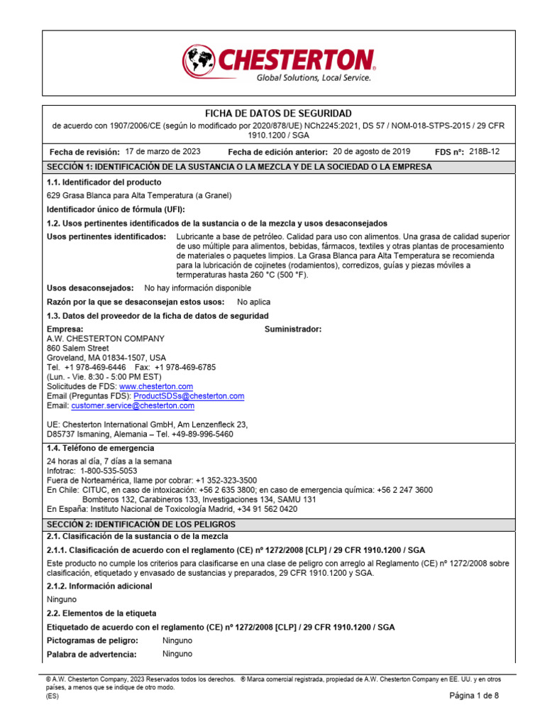 Grasa Chesterton 629: Ficha de Seguridad | PDF | Agua | Física Aplicada ...