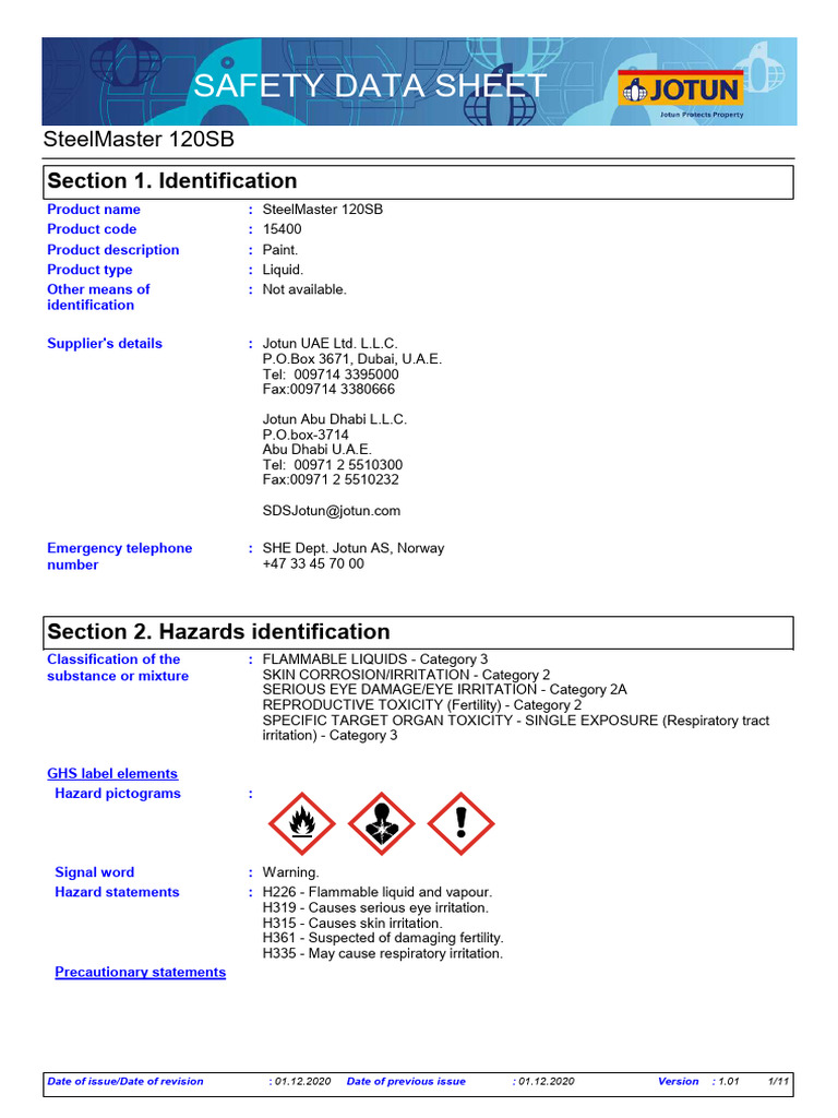 SteelMaster 120SB Safety Data Sheet | PDF | Toxicity | Occupational ...