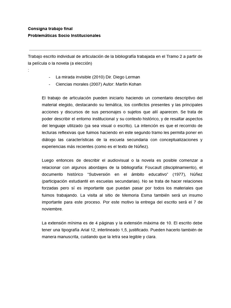 Consigna Trabajo Final Prob Socioinstitucionales | PDF | Estudios de idiomas extranjeros ...