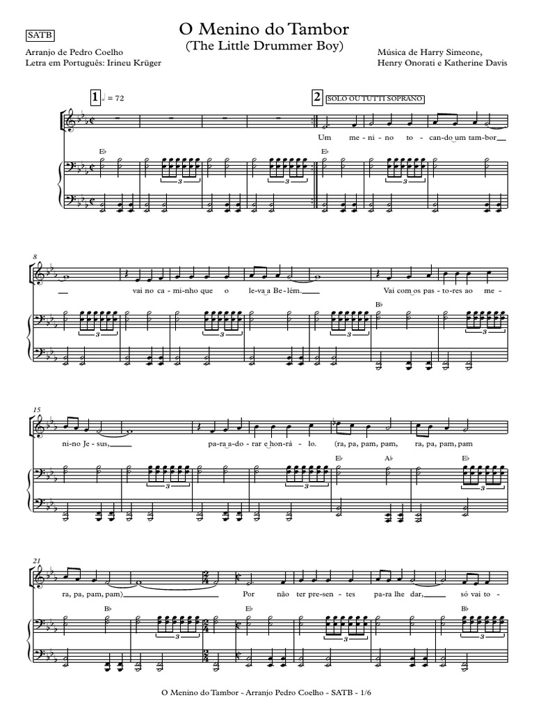 O Menino Do Tambor - Arranjo Pedro Coelho - Piano + SATB | PDF