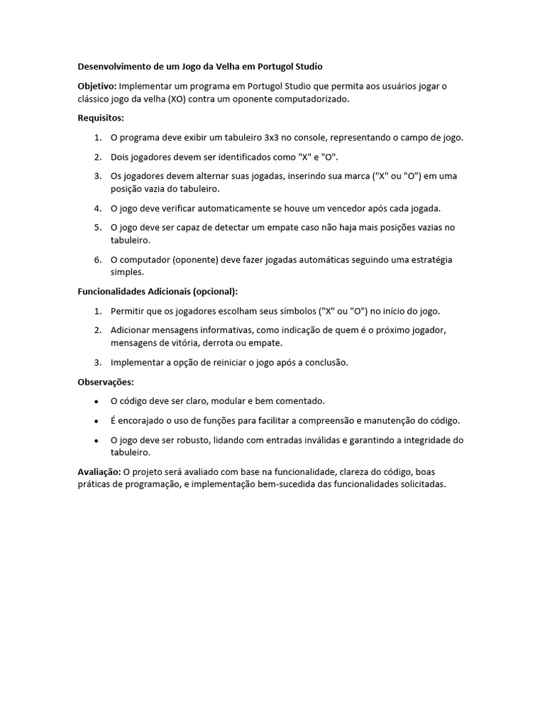 Desenvolvimento de Um Jogo Da Velha em Portugol Studio | PDF
