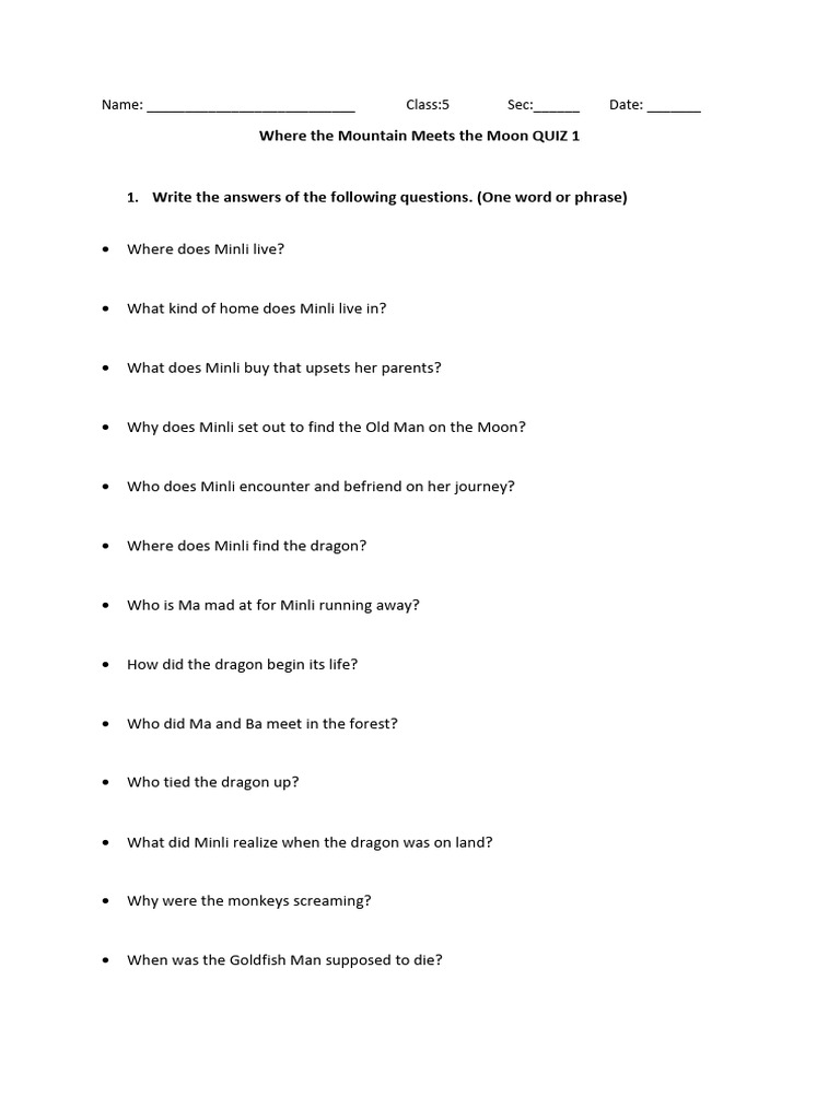 Where The Mountain Meets The Moon Worksheet | PDF | General Fiction