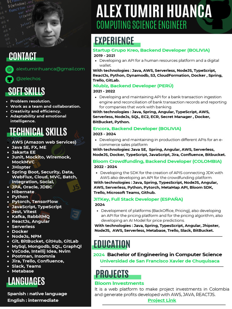 CV Alex Tumiri Huanca | PDF | Amazon Web Services | Java (Programming Language)