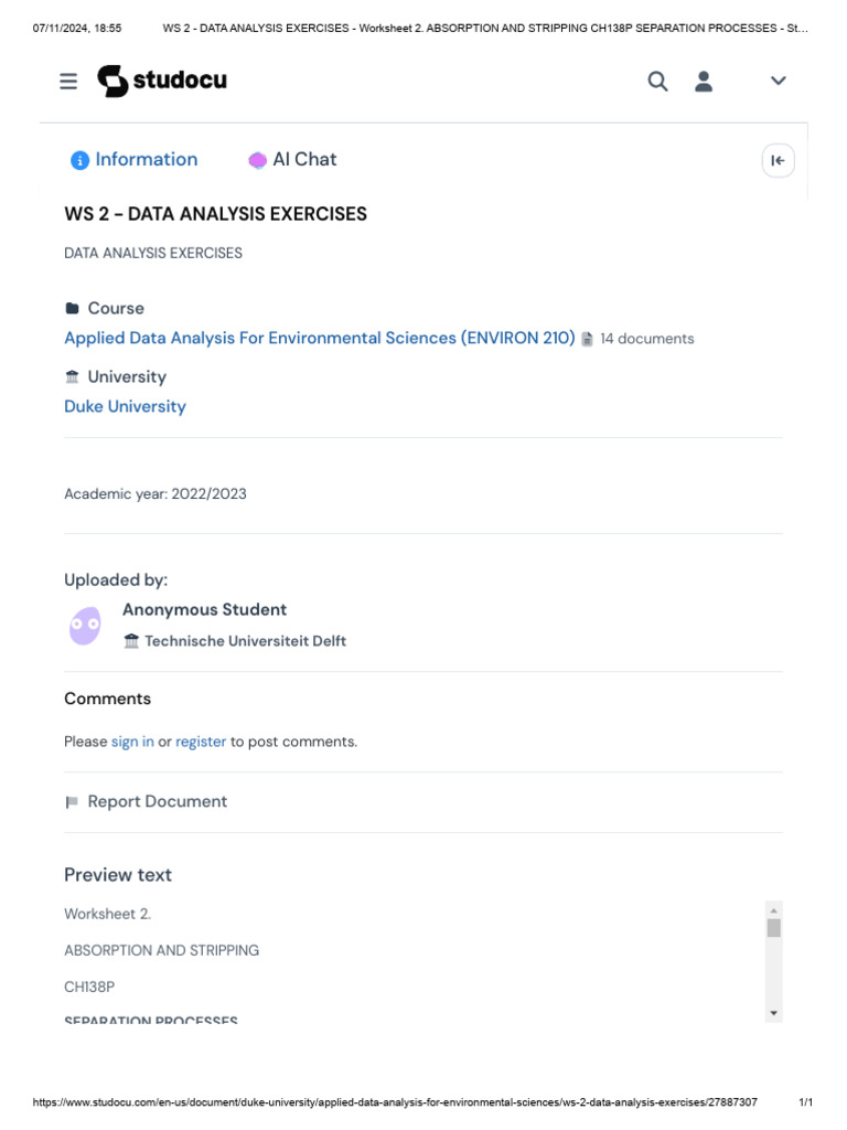 WS 2 - DATA ANALYSIS EXERCISES - Worksheet 2. ABSORPTION AND STRIPPING CH138P SEPARATION ...