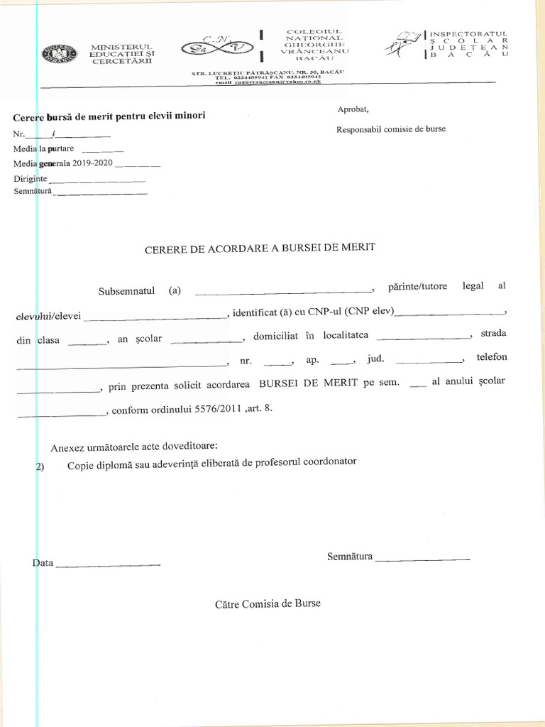 Cerere Bursa Merit Copli Minor | PDF