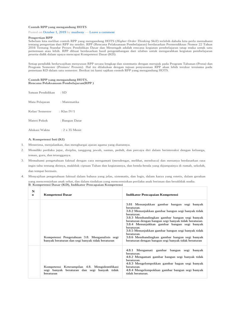 Contoh RPP HOTS untuk Matematika SD | PDF
