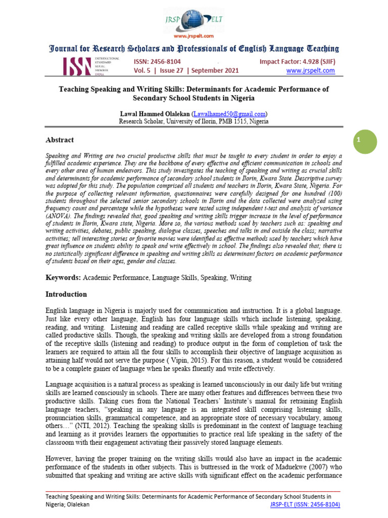 Speaking and Writing Skills Impact on Students | PDF | P Value | Survey ...