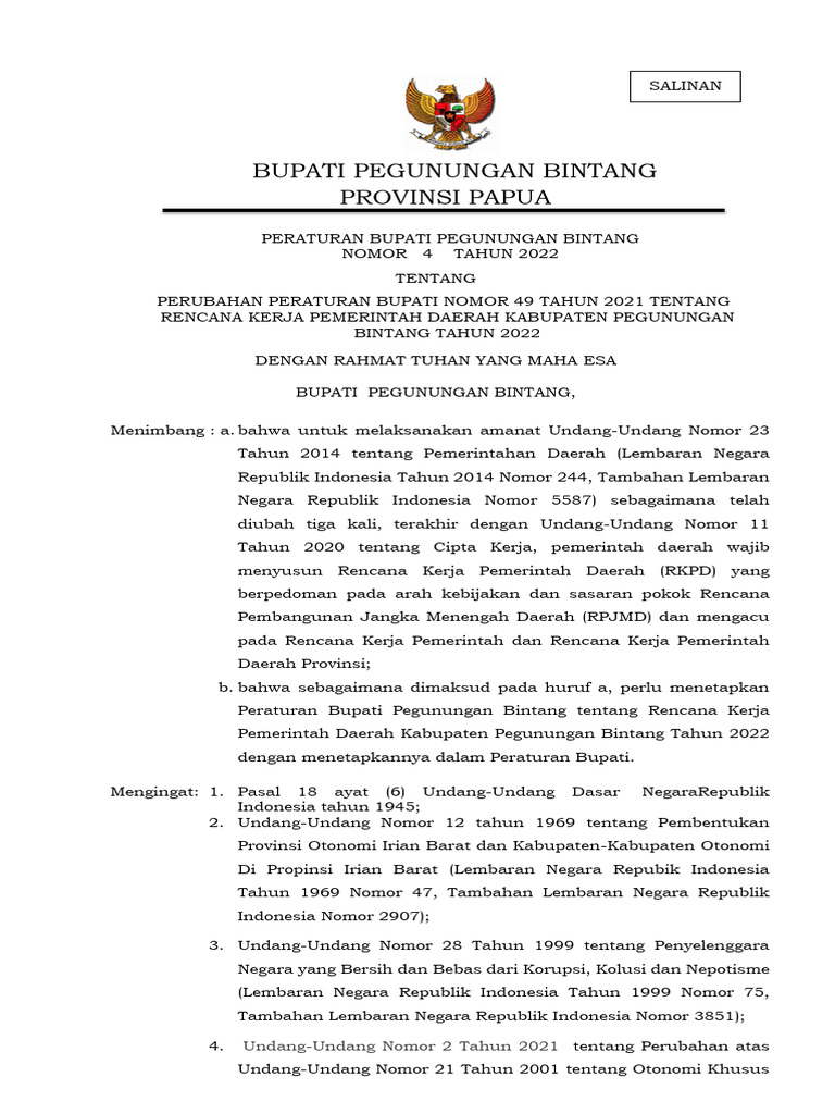 Perbup No. 4 Perubahan Atas Perbub No 40 THN 2021 | PDF