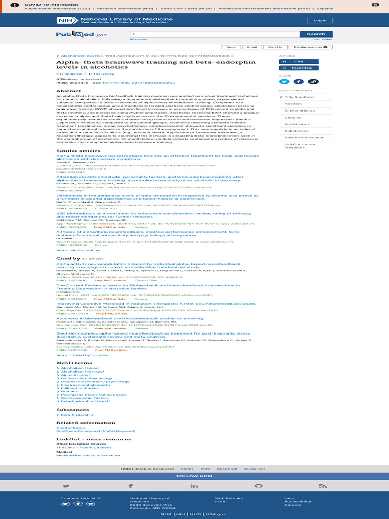 Alpha-Theta Brainwave Training and Beta-Endorphin Levels in Alcoholics - PubMed | PDF ...