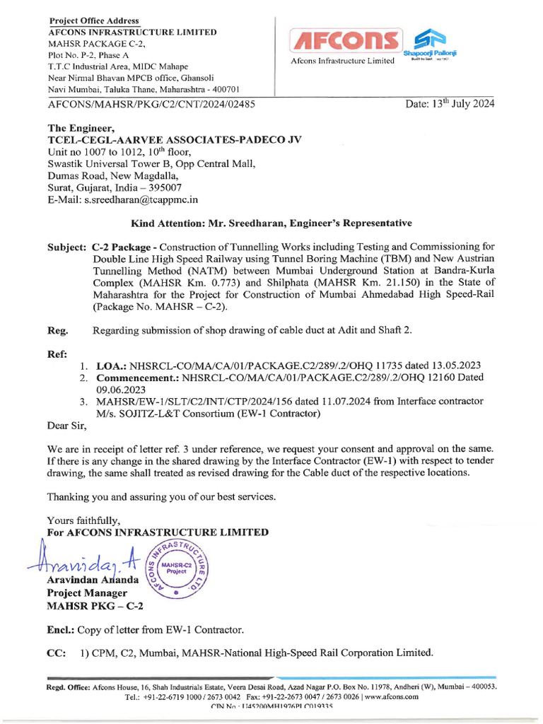 AFCONS-MAHSR-PKG-C2-CNT-2024-02485 - Shop Drawing of Cable Duct at Adit ...