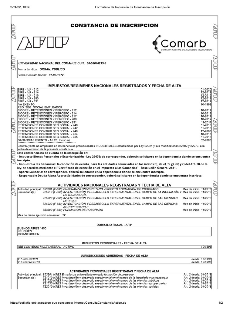 Constancia de Inscripción en Afip UNCo | PDF | Science
