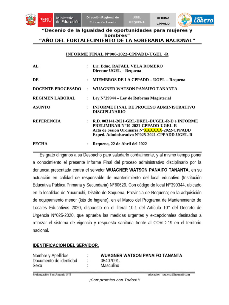 Informe Final-006-2022-Wuagner Panaifo Tananta - Mantenimiento | PDF | Derecho penal | Maestros