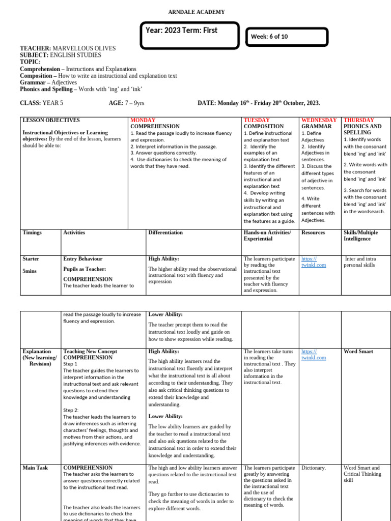 Yr 5 First Term Lesson Plan English Week 6 | PDF | Reading ...