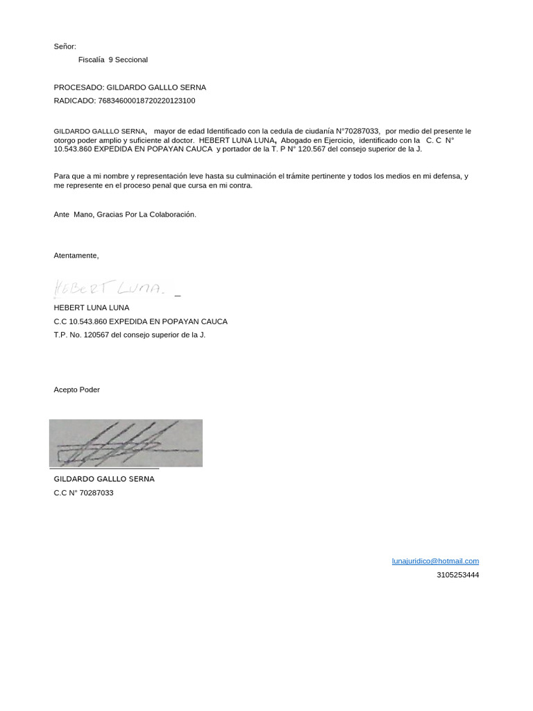 Carta de Poder de GILDARDO GALLO SERNA Doctor Luna | PDF